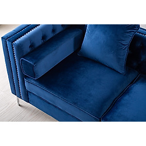 Legend Furniture Velvet Big Comfy Couch Living Room Square Arm Chesterfield 3seats Sofas, 104'', Blue