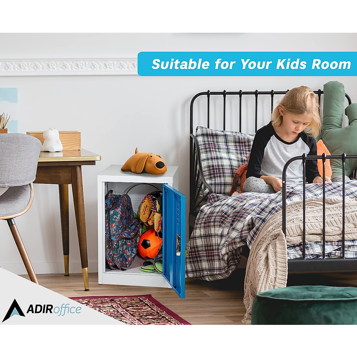 AdirOffice Kids Steel Metal Storage Locker - for Home & School - with Key & Hanging Rods (24 in 1 Door, Blue)