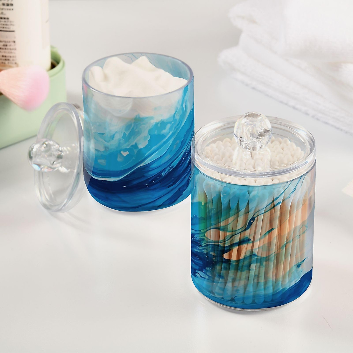 BOENLE 2 Pack Qtip Holder Organizer Dispenser Blue Marble Bathroom Storage Canister Cotton Ball Holder Container for Cotton Pads/Swabs/Floss