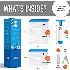 OUII Sous Vide Bags for Joule and Anova Cookers - 15 Reusable BPA-Free Sous Vide Bags with Vacuum Hand Pump in Various Sizes -Vacuum Sealer Bags Food Storage Freezer Safe - Fits Any Sous Vide Machine