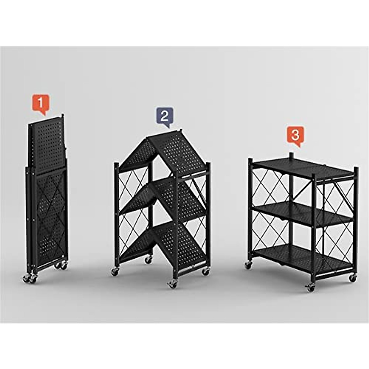 NIUYAO 5 Tier Foldable Shelving Unit with Wheels, Freestanding Metal Storage Shelf Heavy Duty Standing Shelves Units for Home Kitchen Bakers Closet Pantry -Black 28" L x 14.4" W x 64.2" H