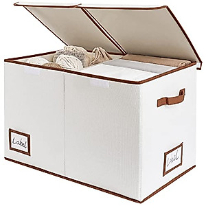LoforHoney Home Large Storage Bin with Lid for Clothes, Foldable Laundry Basket with Durable Handles, Double Laundry Hamper with Divider, Fabric Storage Bin with Lid for Organizing, Beige