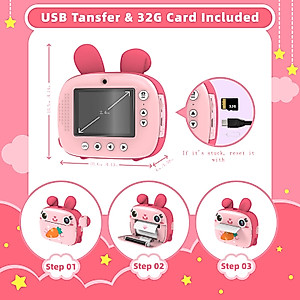 CAMCLID Instant Camera for Kids, 2.5K Kids Camera Instant Print with No Ink Print Paper & 32G Card,Selfie Digital Camera & 1080P Video Camera, Toy Gift for Girls Boys 3-12 (Pink)
