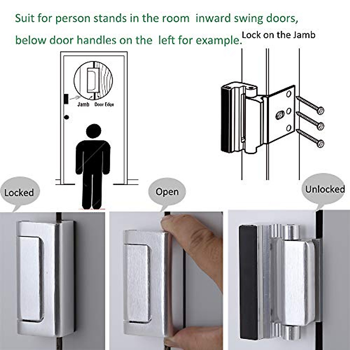 Home Security Door Lock, 2 Pack Child Proof Door Reinforcement Lock with Screws for Inward Swinging Door, Double Safety Security Protection for Your Home