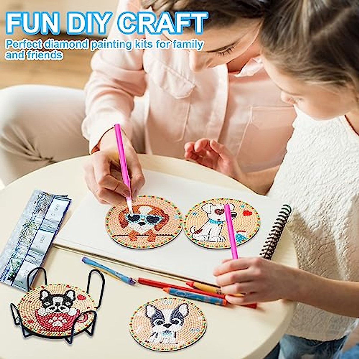 SUUYOO 8 Pcs Diamond Painting Coasters with Holder, Cute Dog Diamond Art Coasters, DIY Craft Kits for Adults, Small Diamond Art Coasters Kit for Kids Beginners