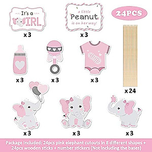 Faisichocalato Pink Elephant Centerpiece Sticks DIY Baby Girl It's A Girl Table Decorations Pink Little Peanut Cutouts for Pink Elephant Theme Baby Shower Birthday Party Supplies Set of 24