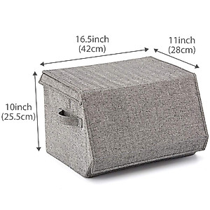 EZOWare Stackable Storage Bins with Lid, Set of 2 Lidded Linen Fabric Foldable Organizer Baskets Containers With Handles 16.5 x 11 x 10 inch, Gray