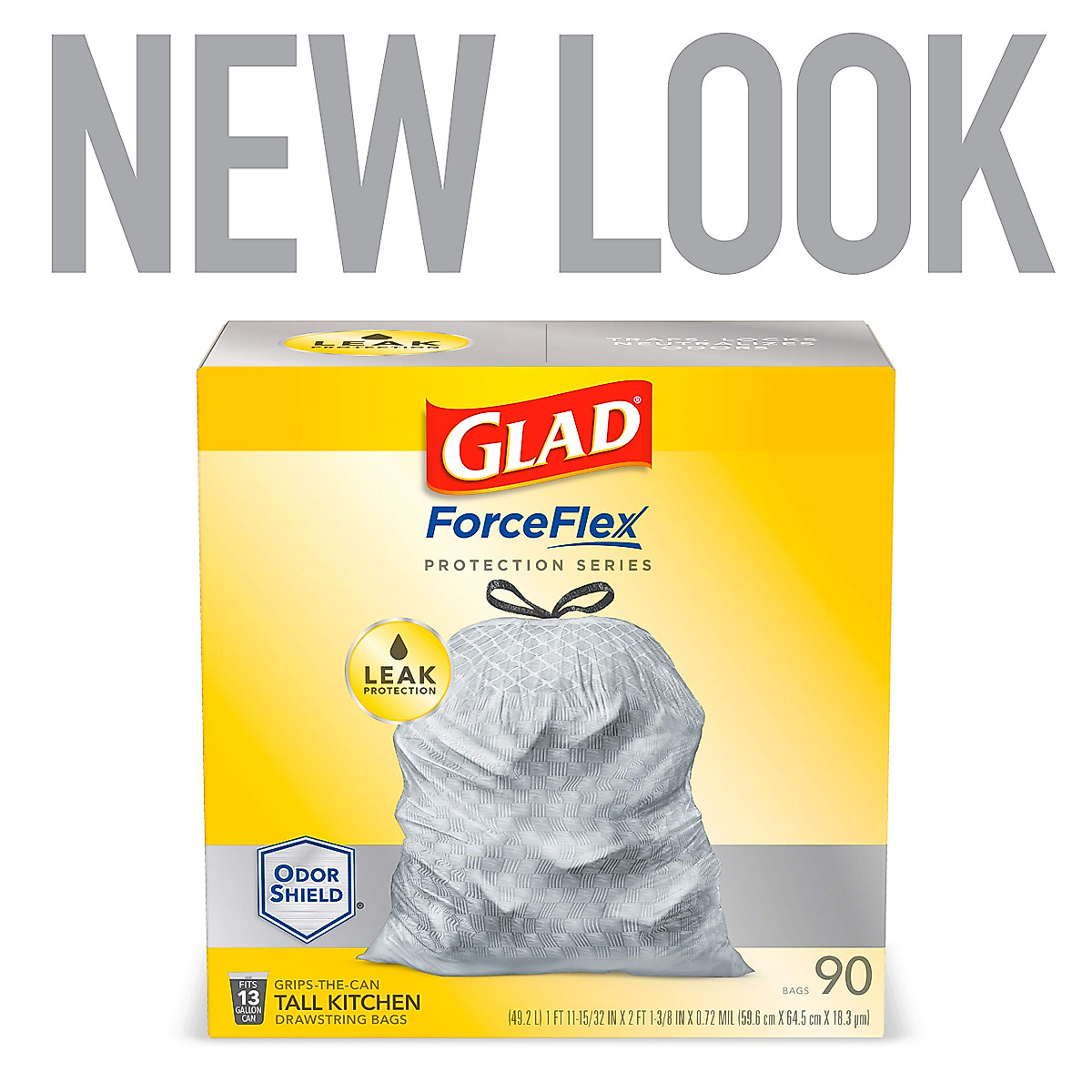 Glad ForceFlex Protection Series Tall Kitchen Trash Bags, 13 Gal, Unscented OdorShield, 90 Ct (Package May Vary)