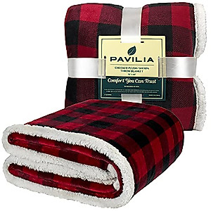 PAVILIA Buffalo Plaid Sherpa Blanket Throw Twin | Fuzzy Red Black Checkered Flannel Fleece Blanket for Couch Bed | Fluffy Warm Soft Christmas Plush Microfiber Blanket | 60x80