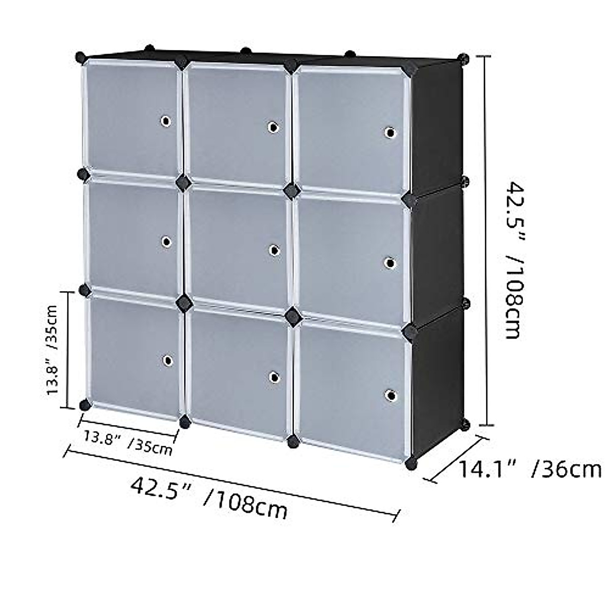 VINGLI Cube Storage, 9 Cubes Organizer Shelves Plastic Closet Cabinet, DIY Modular Storage Cube Organizer w/White Doors for Bedroom Living Room Office, Black
