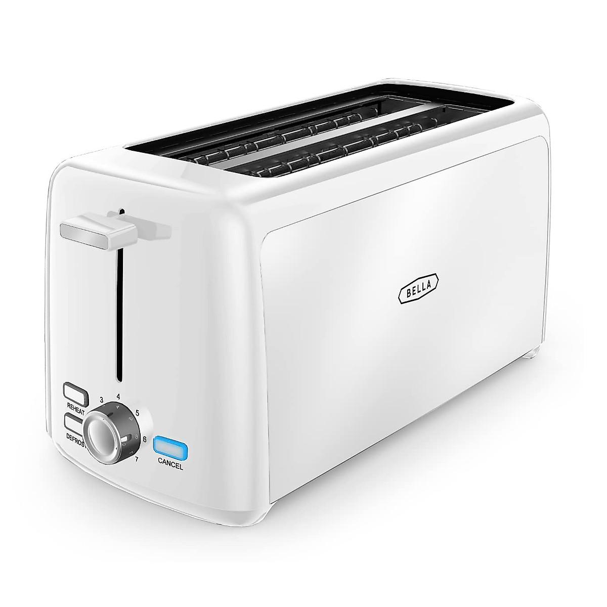 BELLA 4 Slice Toaster, Long Slot & Removable Crumb Tray, 7 Shading Options with Auto Shut Off, Cancel & Reheat Button, Toast Bread & Bagel, White