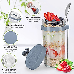 Overnight Oats Jars, Overnight Oats Containers with Silicone Lid and Spoon 16 oz,for Oats Yogurt,Milk,Fruit,breakfast,Leak-Proof Reusable Portable with Measurement Marks (W+G)