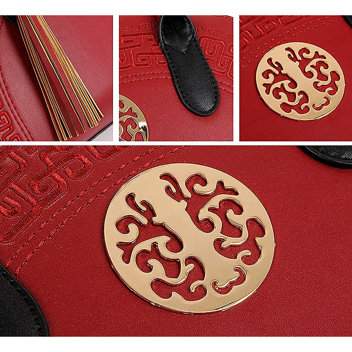 QZUnique Women's PU Embroidery Tassels Ethnic Style Handbag Bride Bag Crossbody Shoulder Bag Red