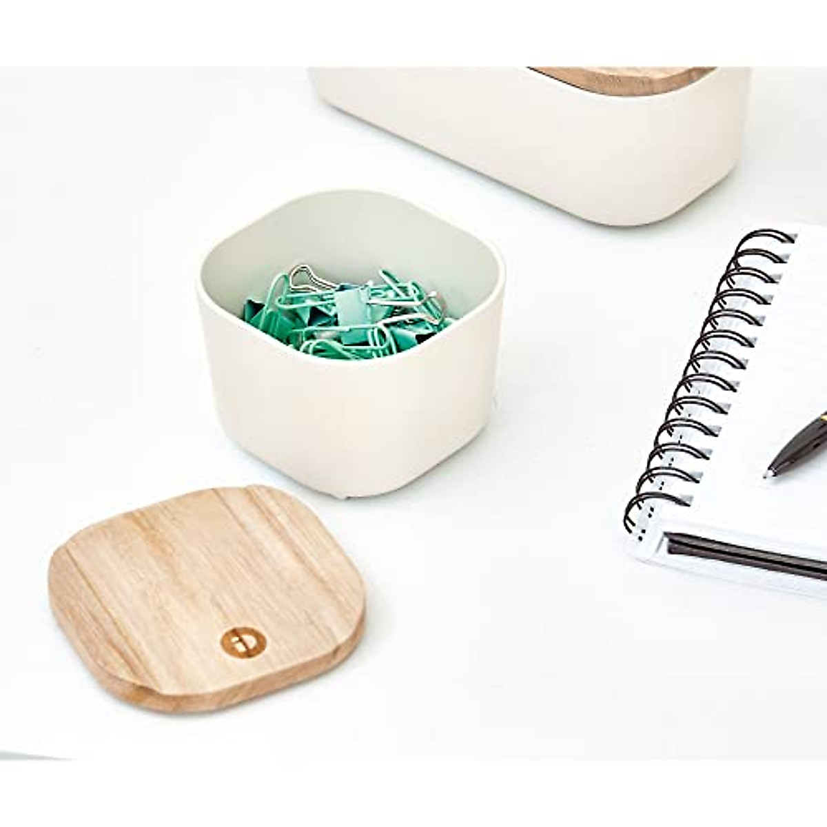 iDesign Recycled Plastic Compact Drawer Organizer Bin with Paulownia Wood Lid, Small, Coconut