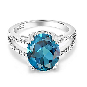 Gem Stone King 5.68 Cttw London Blue Topaz Engagement Ring For Women In 925 Sterling Silver | Oval 12X10MM | Gemstone November Birthstone | Available In Size 5, 6, 7, 8, 9