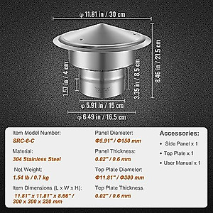 VEVOR Chimney Cap 6 inch All Weather & Reinforced Screws & Easy Installation, for Perfect Insulation Vent Cover Outside, Silver