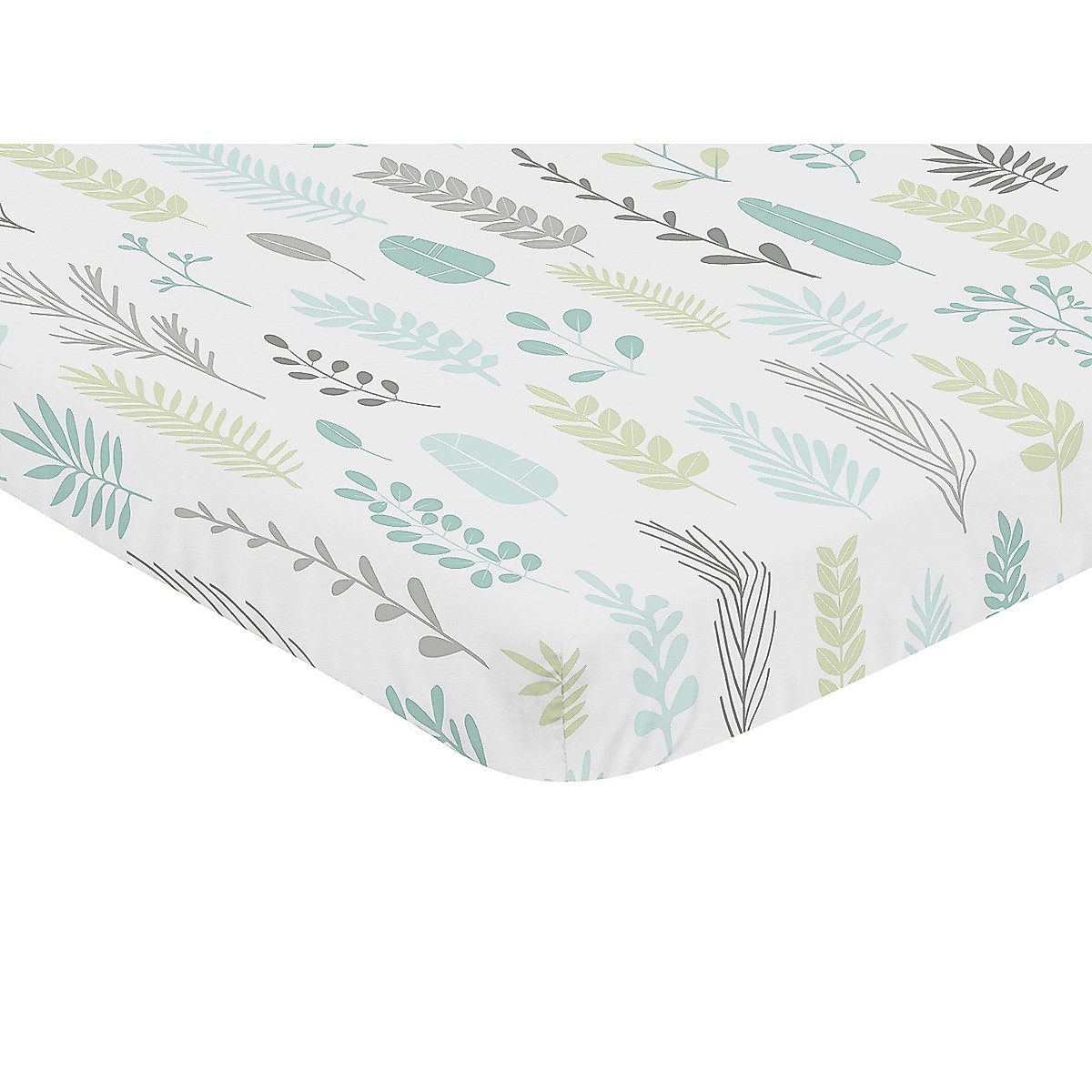 Sweet Jojo Designs Blue Grey Tropical Leaf Unisex Boy Girl Baby Nursery Fitted Mini Portable Crib Sheet For Mini Crib, Pack and Play - Turquoise Gray Green Botanical Rainforest Jungle Sloth Collection