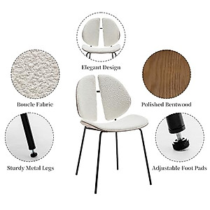 Art Leon Dining Chairs, Set of 2, Modern Boucle Fabric Dining Room Chairs with Bentwood, Armless Accent Chairs with Metal Legs for Kitchen Restaurant, White