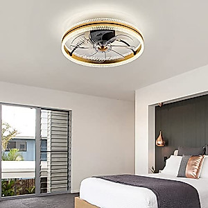 EKIZNSN Low Profile Flush Mount Ceiling Fan for Bedroom, 20'' Bladeless Ceiling Fans with Lights, Gold