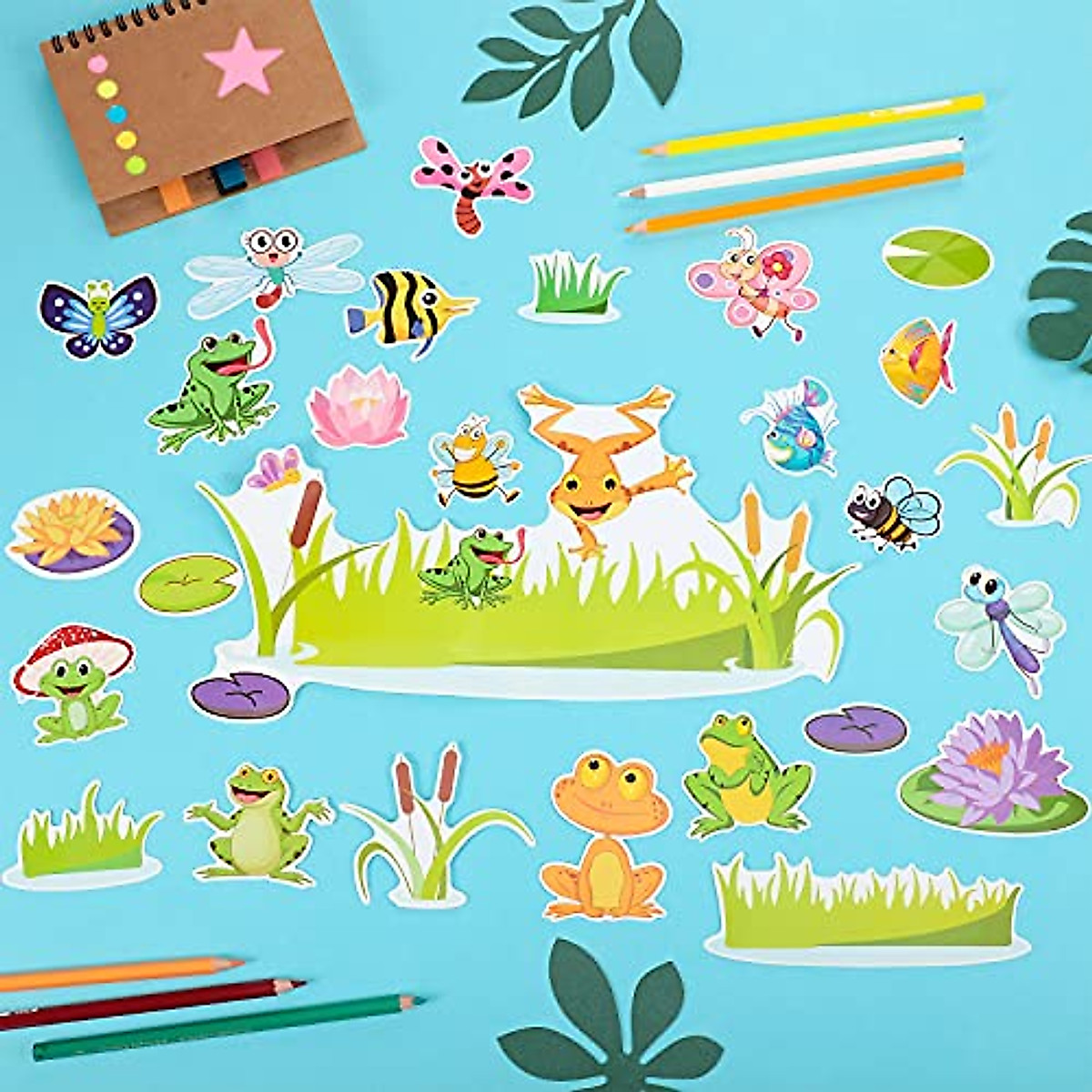 34 Pieces Funky Frogs Bulletin Board Set Frog Cattails Dragonflies Lily Pads Butterfly Bee Fish Bird Accent Bulletin Board Cut-Outs Summertime Bulletin Board Cutouts Classroom Theme Decoration