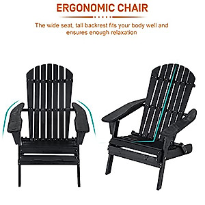 Folding Adirondack Chair Set of 2 Patio Chairs Weather Resistant Folding Outdoor Chair Solid Wooden Heavy Duty Reclining Fire Pit Chair for Deck, Lawn, Backyard, Garden-Black