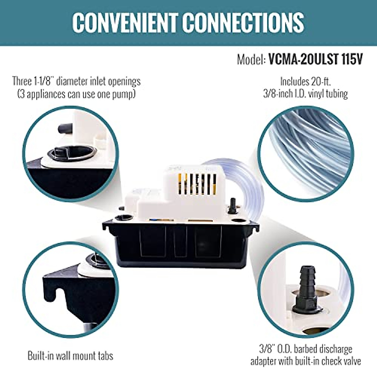 Little Giant VCMA-20ULST 115 Volt, 80 GPH, 1/30 HP Automatic Condensate Removal Pump with Safety Switch and Tubing, White/Black, 554435