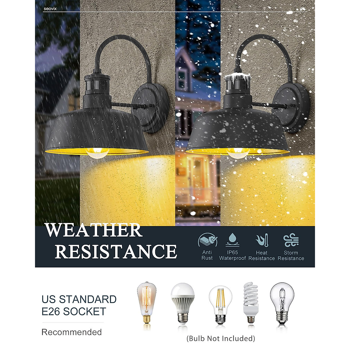 Seovix Motion Sensor Outdoor Barn Lights, Dusk to Dawn Outdoor Wall Light Fixtures with E26 Base Socket, IP65 Waterproof Exterior porch light for Garage, Entrance, Doorway, Entryways, HS2213-1