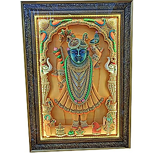 ShreeNathji Chandaniya Gatta hand wood painting gold leaf large wood painting with frame and LED