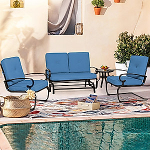 Patiomore 4Pcs Outdoor Furniture Patio Conversation Set, Glider Loveseat, 2 Spring Chairs with Coffee Table with Peacock Blue Cushion