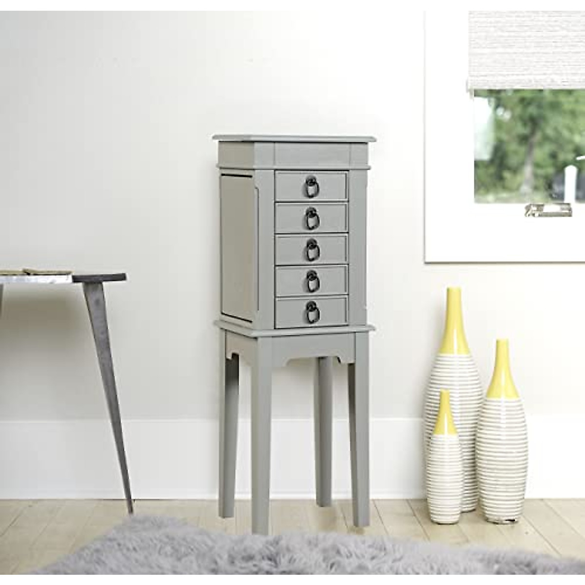 Hives and Honey Meg Jewelry Armoire - Modern Wood Storage Organizer with Necklace Hooks, 5 Drawers, and Vanity Mirror, Grey