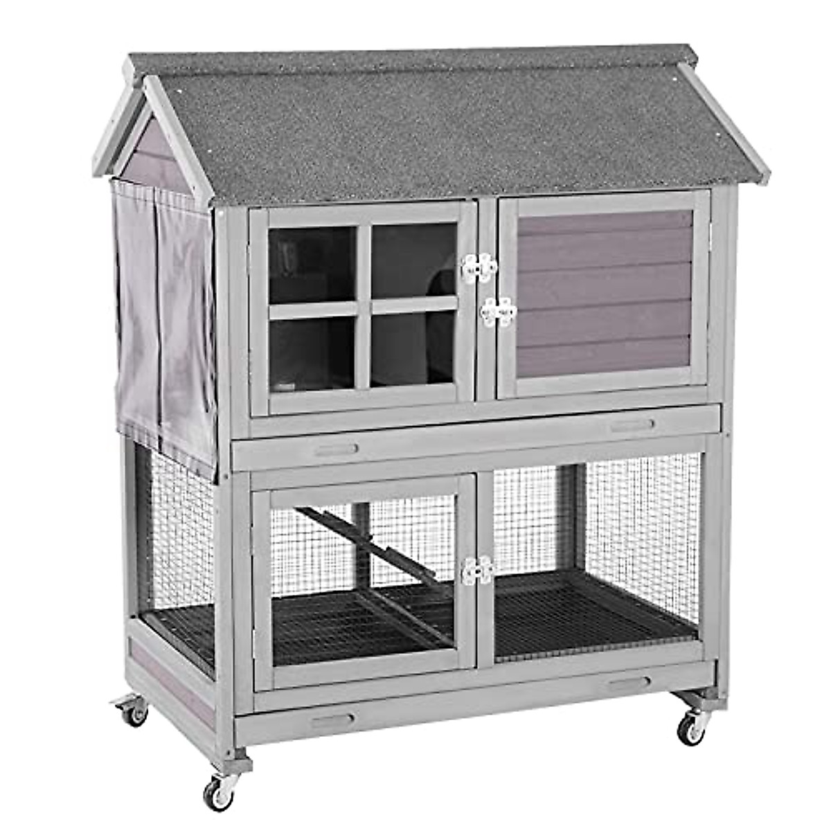 Rabbit Hutch Indoor Rabbit Cage for Small Animals Outdoor Bunny Cage with Movable Wire Netting, Guinea Pig Habitat On Wheels,Pull Out Leak Proof Tray (Grey+Camel)