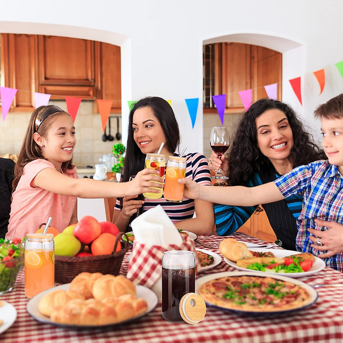 2Pack 16OZ Glass Cups with Lids and Straws ，Smoothie Cup Glass Tumbler with Straw and Lid,Iced Coffee Cup with Lids and Glass Straws ，for Coffee Bar Accessories，Juice, Boba, Smoothie, Tea, Kombucha