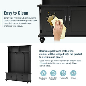 Wide Hall Tree with Storage Bench Coat Rack with Cabinet and 2 Drawers Wooden High Back Mudroom Bench with 5 Hooks for Mudrooms Organization Entryway Living Room, Black