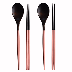Chopsticks Reusable Korea traditional Spoon and Chopsticks Set, 2 Pair lacquer wooden Chopsticks Spoon (pink)
