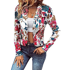 OYOANGLE Women's Floral Print Long Sleeve Blazers Casual Office Work Open Front Cardigan Jacket Blazer White L