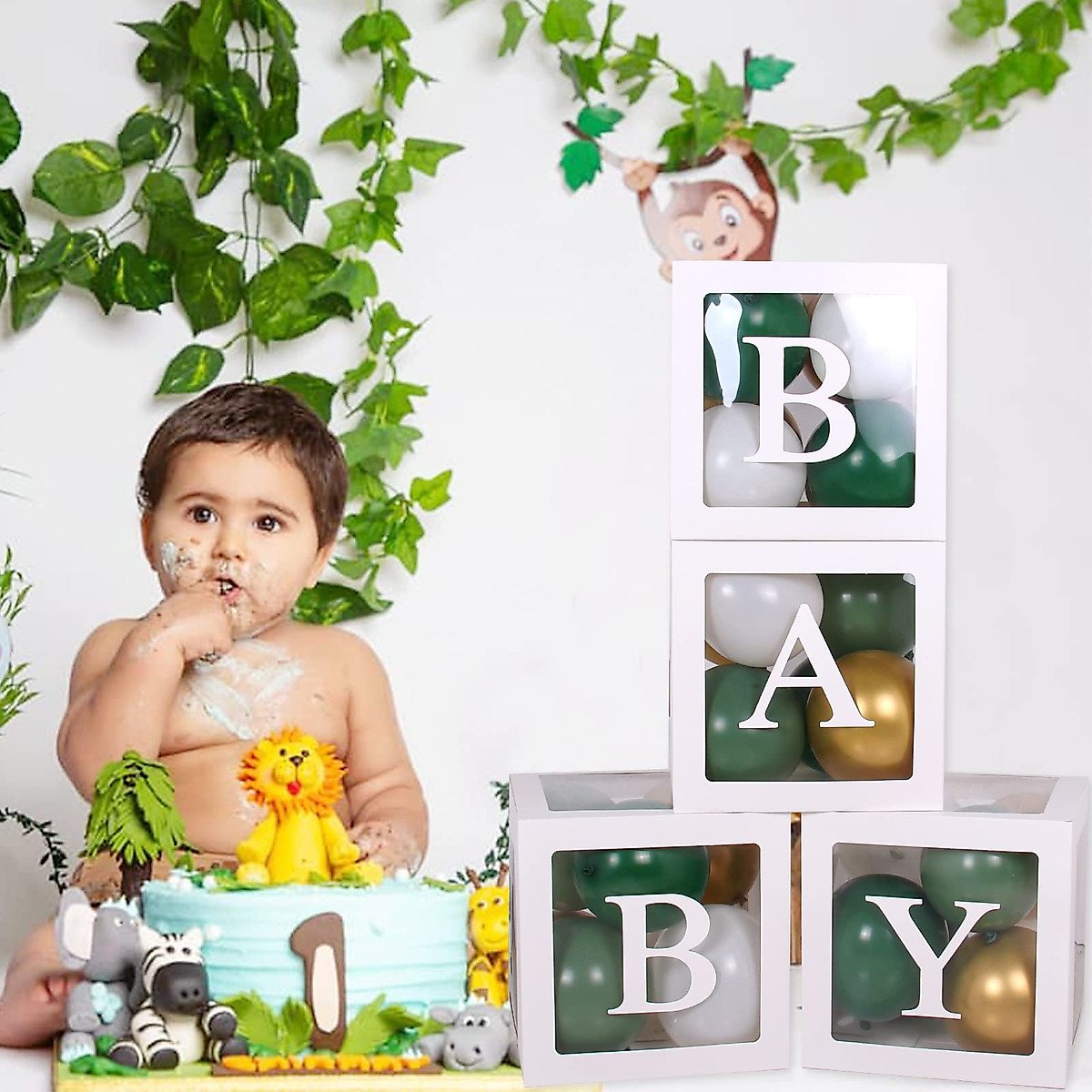 82 PCS Baby Shower Decorations for Boy Girl Kit - Transparent Baby Block Balloon Box Includes BABY, Alphabet Letters White Sage Green Gold Balloons, Gender Reveal Decor, Birthday Party Backdrop