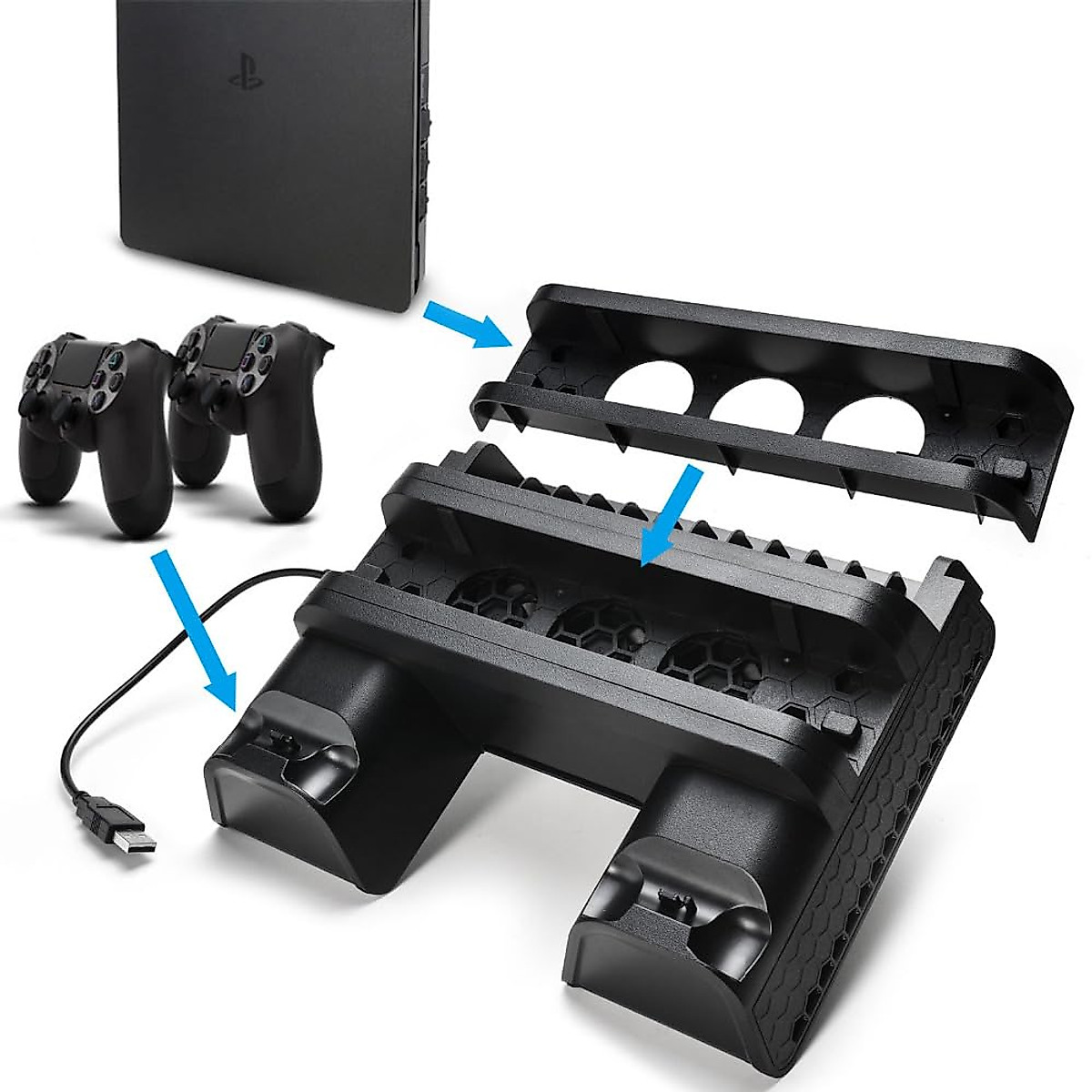 navor Multifunctional Cooling Stand Compatible with PS4/ PS4 Slim/ PS4 Pro, Vertical Cooler Fan and Controller Charging Station with LED Indicators, Dock Stand with 12 Pieces Games Storage