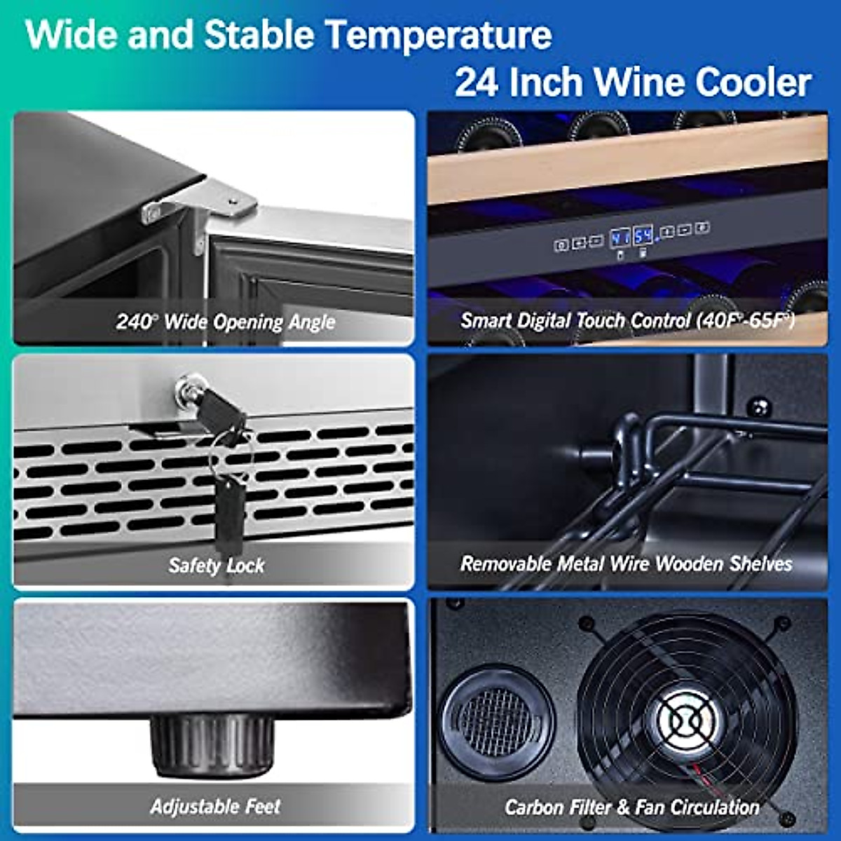 Yeego Wine Cooler, 24" Dual Zone Wine Fridge, 46 Bottle,with Upgraded Compressor and Tempered Glass Door, 40℉-65℉ Temperature Control, Low Noise, Glass Door, Safety Lock