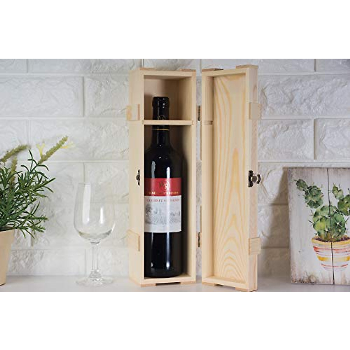 Juvale Wooden Wine Box - Single Wine Bottle Wood Storage Gift Case, Hinged with Clasp Box for Birthday Party, Housewarming, Wedding, Anniversary (13.82 x 3.98 x 3.94 in)
