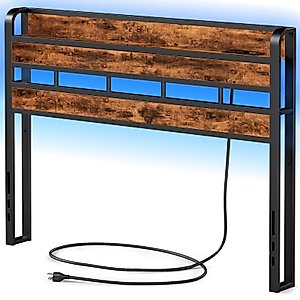 Furnulem Queen Headboard with Storage Shelf,Headboards with RGB LED Light,USB Port and Charging Station,Sturdy Metal Frame & Wood Shelf, Adjustable Height
