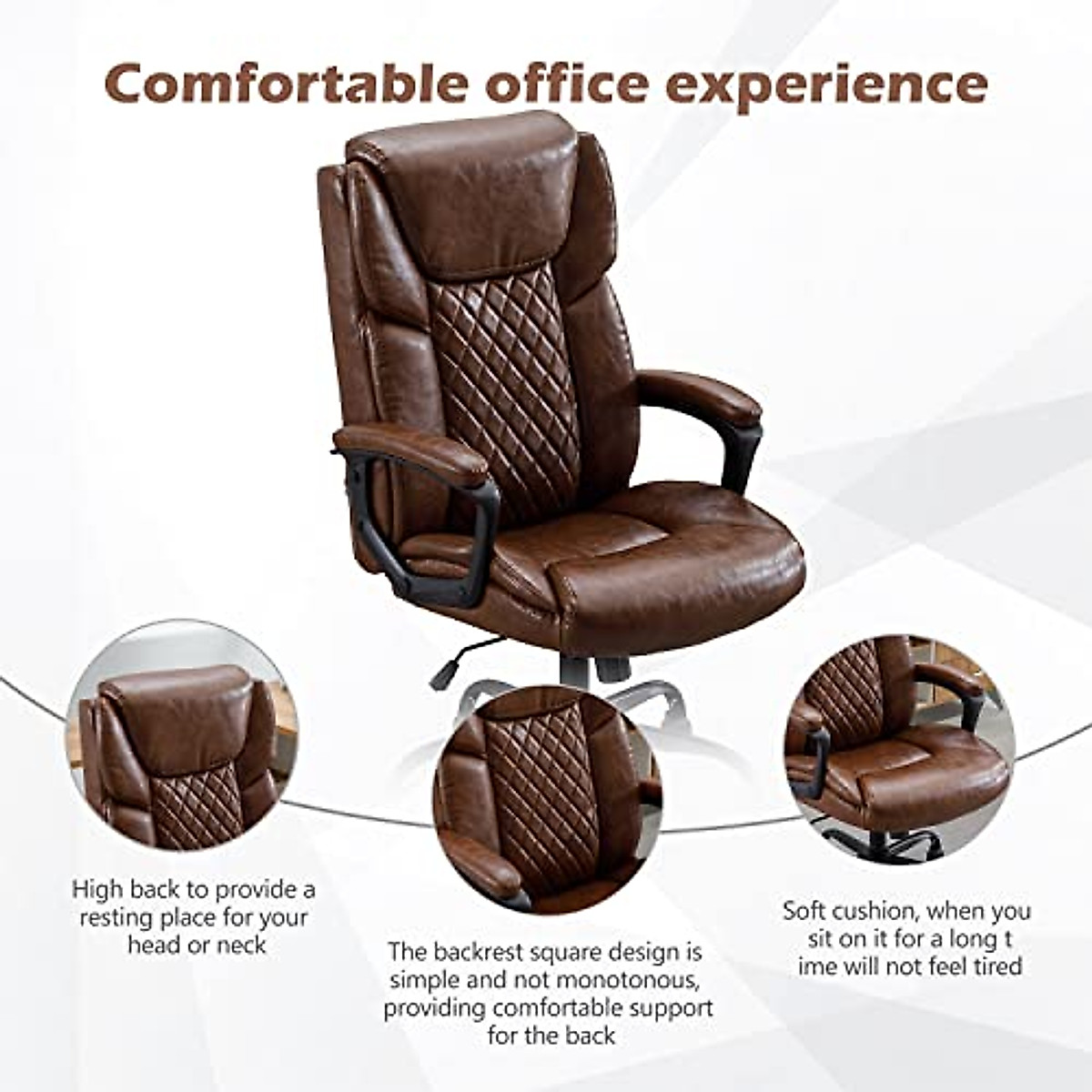 DYHOME High Back Executive Brown Leather Office Chair Ergonomic Lumbar Support, Big and Tall Comfortable Home Office Computer Desk Chair Metal Base Modern Managerial Chair