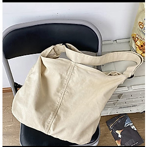 Women's Canvas Shoulder Bag Large Hobo Crossbody Bag Canvas Shoulder Tote Bag for Women and Men Canvas Messenger Bag (Beige White)