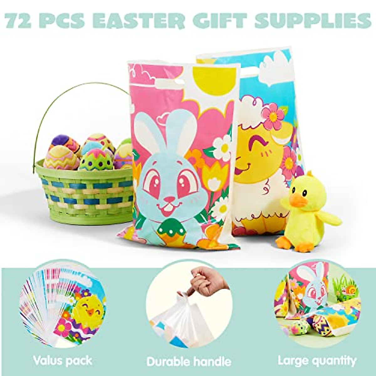 JOYIN 72 Pcs Easter Large Plastic Tote Bags, Easter Goodie Treat Gift Bags for Egg Hunt, Easter Kids Party Favor Party Supplies(Animals and Flowers)