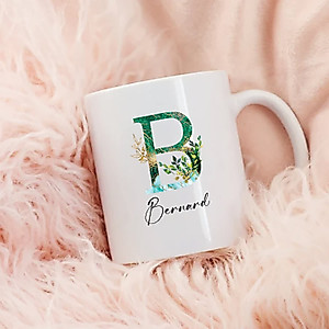 Personalized Ceramic Mug with Add Photo Custom Name Green & Gold Leaf for Women, Customized Coffee Mug Cup 11oz 15oz Gift for Special Day, White Mugs Custom Letter Alphabet Initial for Wife/Mom