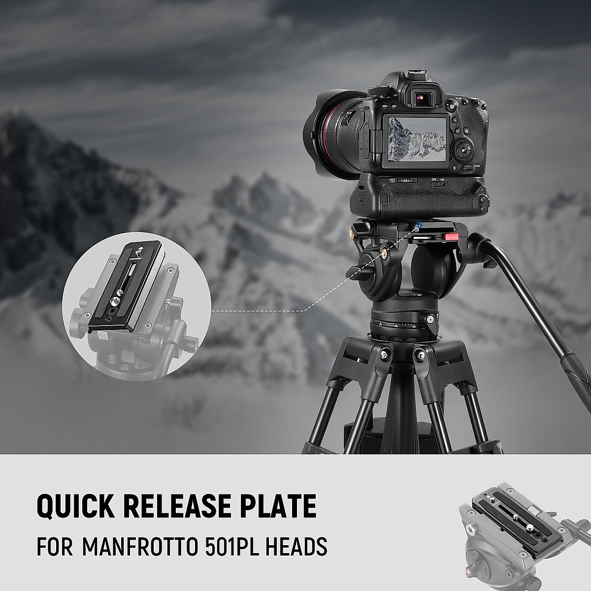 NEEWER 501PL Tripod Fluid Head Quick Release Plate Compatible with Manfrotto MVH500AH MVH502AH, Camera Mounting Plate with 1/4" and 3/8" Screws, Anti Off Pin for GM001 GM002 GM006 Fluid Heads, QR5