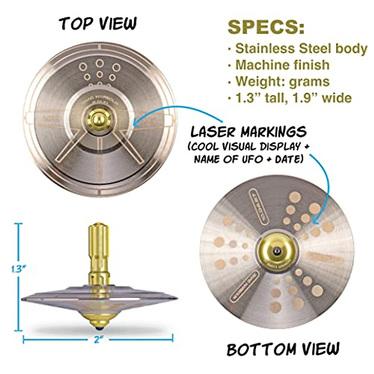 UFO Tops | Shag Harbour | Metal Spinning Top | Inspired by The 1967 Shag Harbour, Nova Scotia UFO Incident | Raw Stainless Steel UFO with Solar Yellow Power Core™