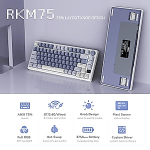 RK ROYAL KLUDGE M75 Mechanical Keyboard with OLED Smart Display and Volume Knob, 2.4G/USB-C/BT Gasket Mounted 75% Layout Wireless Gaming Keyboard with 81 Keys, RGB Backlit Hot-Swappable Red Switch
