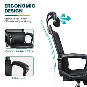 SMUG Ergonomic Mesh High Back Computer Adjustable Headrest,Lumbar Support, Tilt Function,Swivel Rolling, Soft PU Armrest Task Home Office Desk Chairs, Black