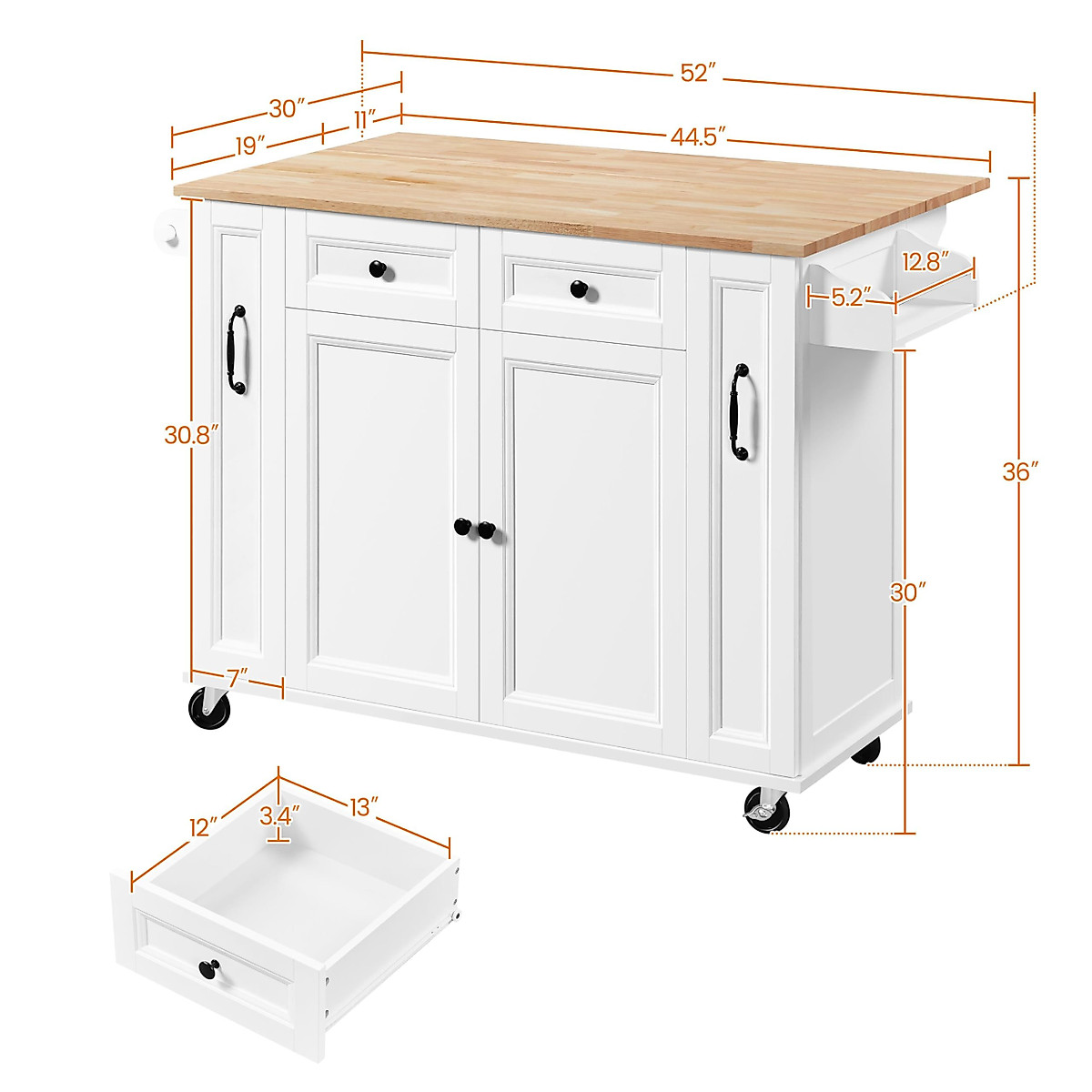 Yaheetech 52"W Kitchen Island with Drop-Leaf Breakfast Bar and 2 Pull-outs, Kitchen Cart on Lockable Wheels with Rubberwood Top & 2 Drawers & Adjustable Shelves, Storage Cabinet for Dining Room, White