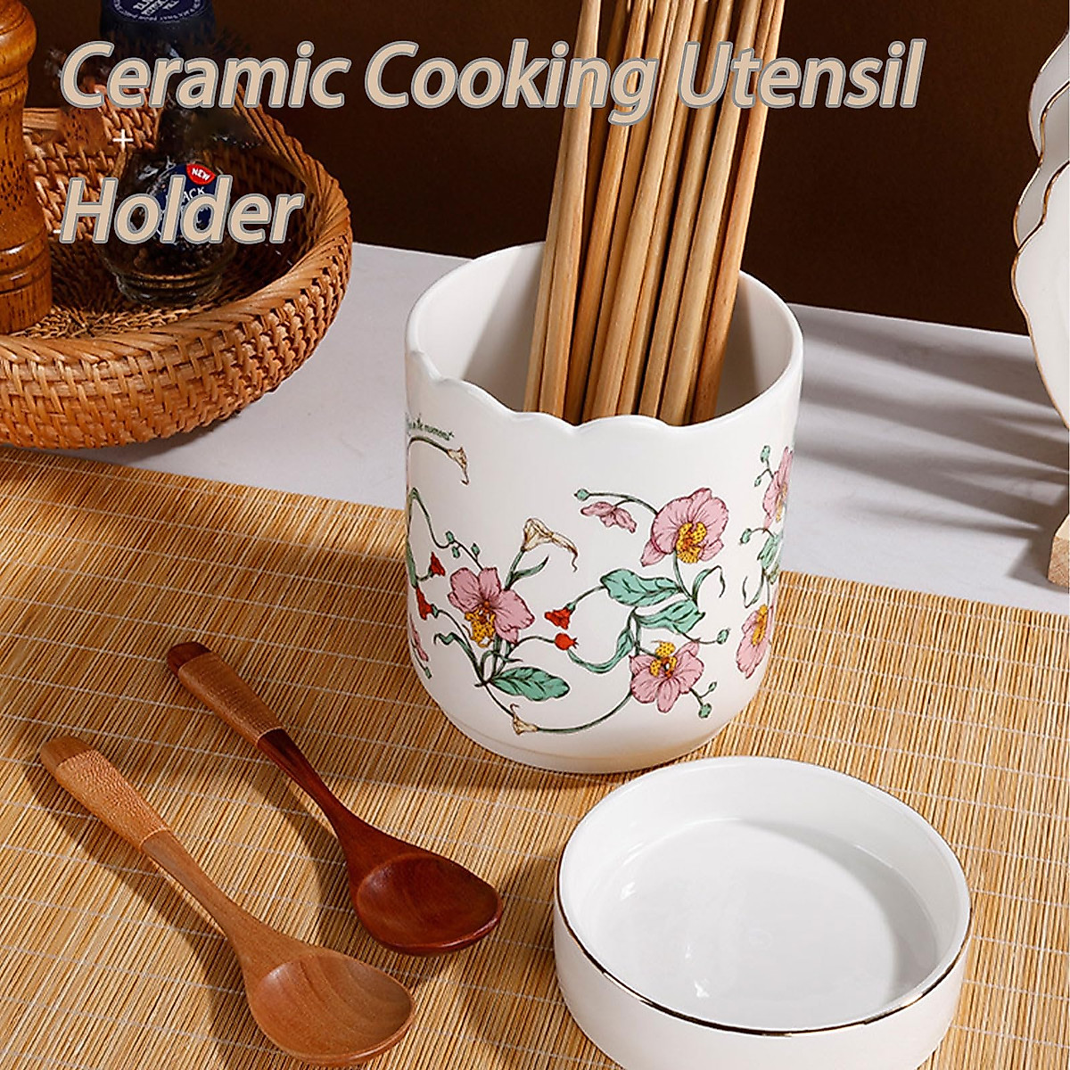 Dxcaicc Utensil Holder,Drainer Ceramic Cooking Utensil Holder,Ceramic Kitchen Utensil Holder for Countertop,Large Ceramic Stable Utensil Caddy,Cooking Utensils Holder for Kitchen